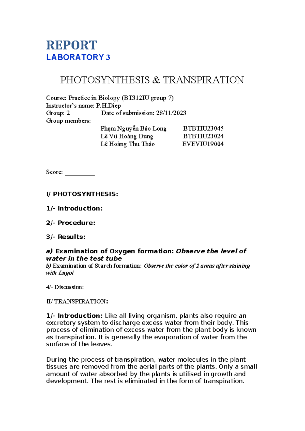 LAB Report 3 - Summary Biology - REPORT LABORATORY 3 PHOTOSYNTHESIS ...
