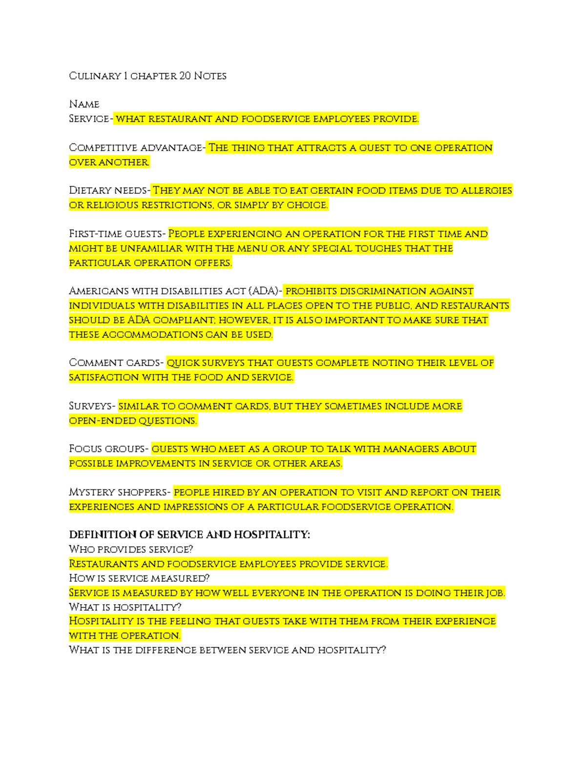 Culinary 1 chapter 20 Notes - Culinary 1 chapter 20 Notes Name Service ...