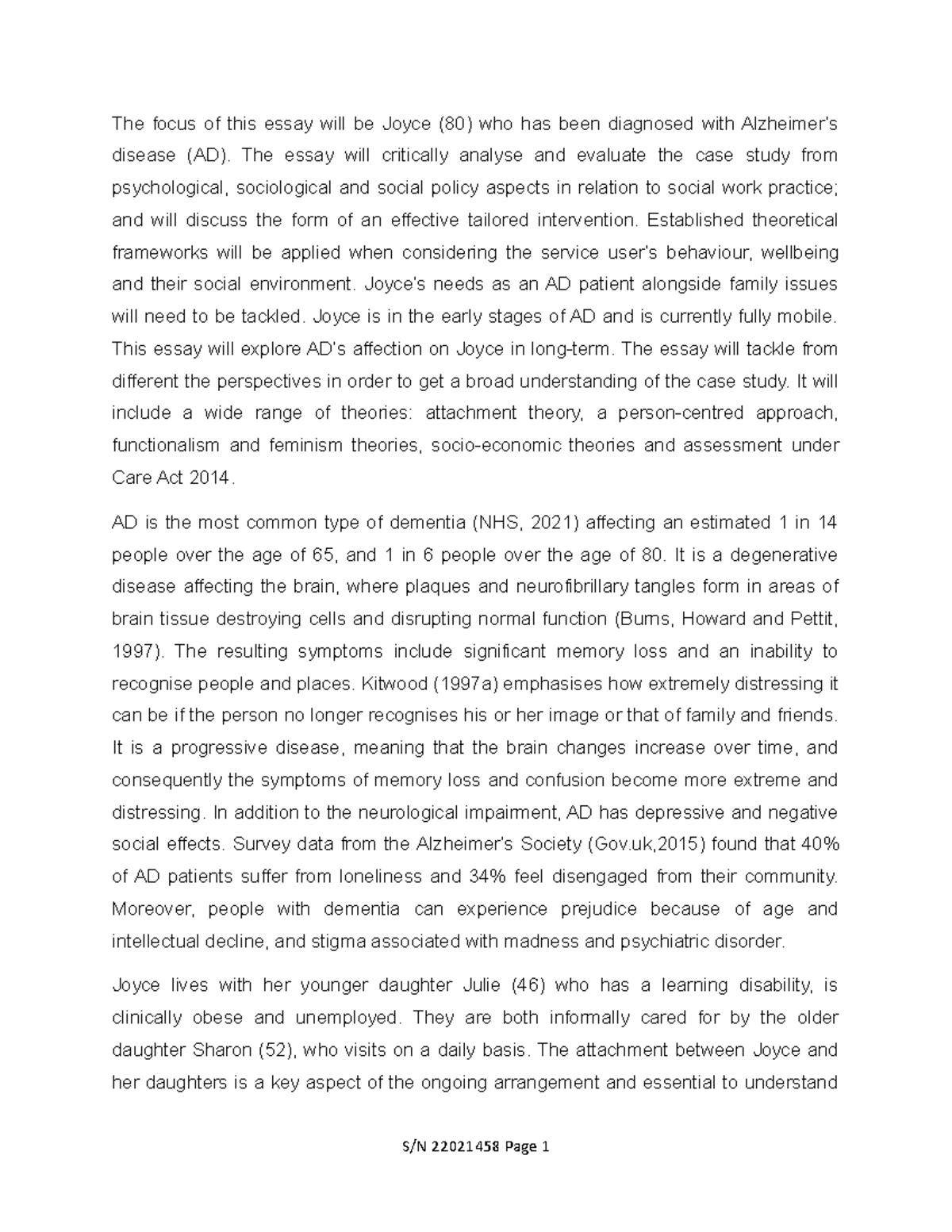 Essay - final version - The focus of this essay will be Joyce (80) who ...
