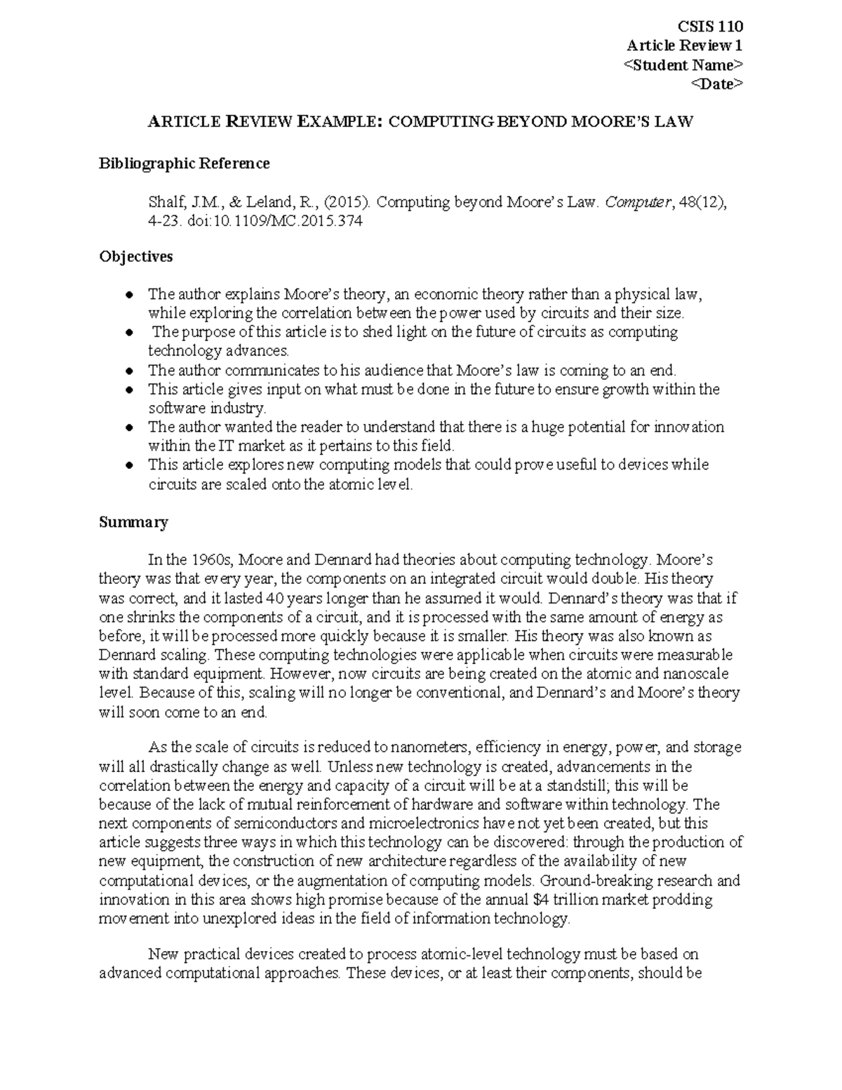 Article Review Example - Article Review 1 ARTICLE REVIEW EXAMPLE: - Studocu