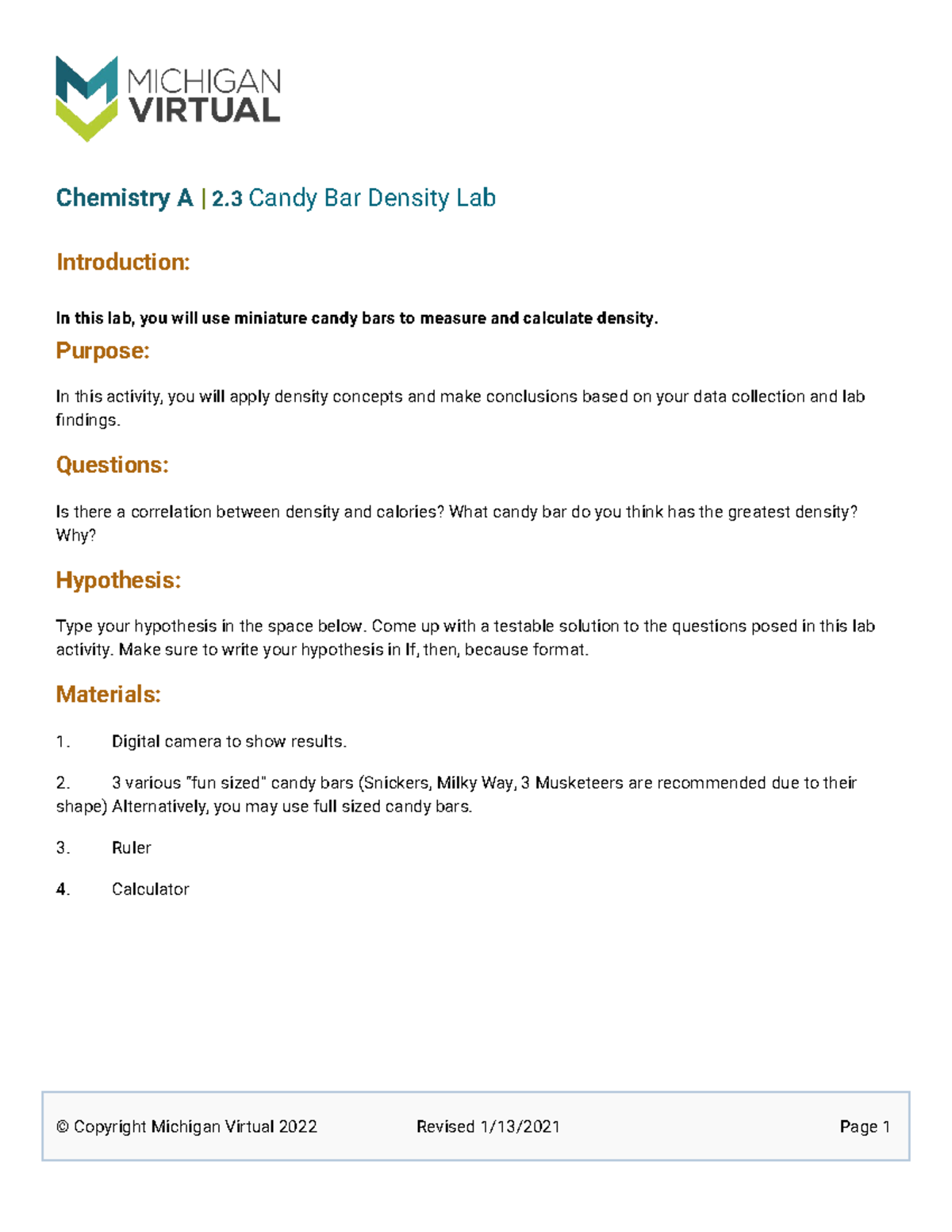 Chemistry A 2.3 Candy Bar Density Lab - Chemistry A | 2 Candy Bar ...