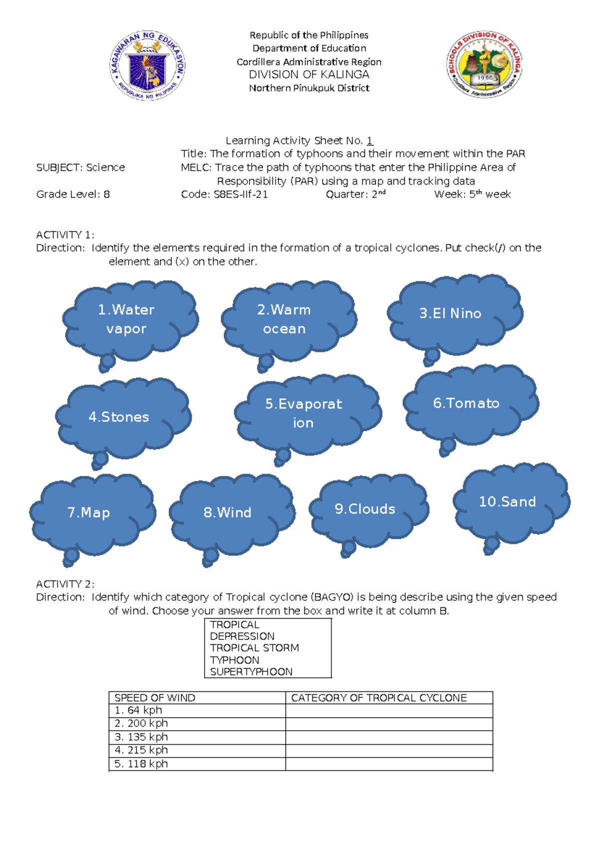 Activity sheet NO - LAS - Republic of the Philippines Department of ...