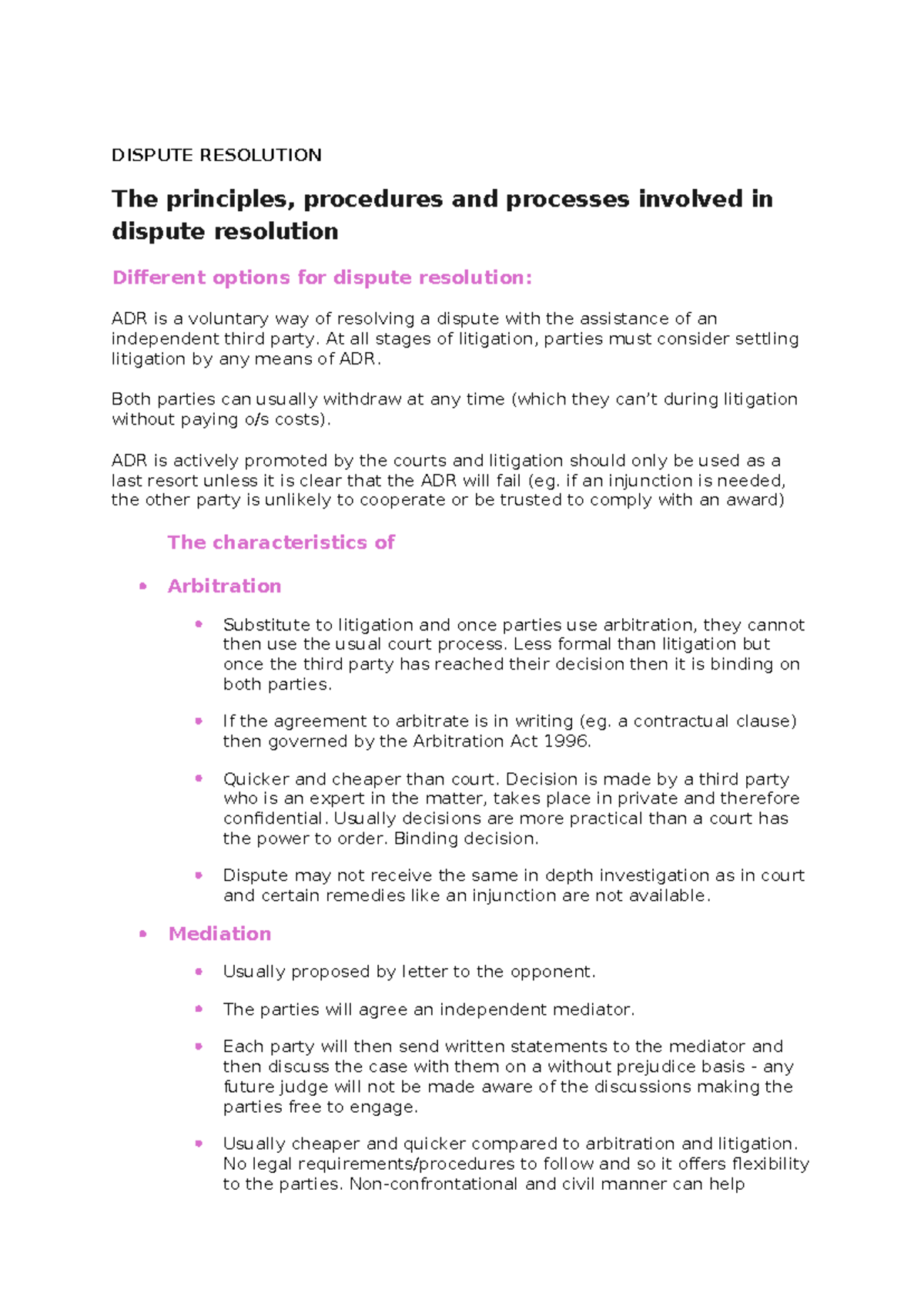 Dispute Resolution (contract law & tort) - DISPUTE RESOLUTION The ...