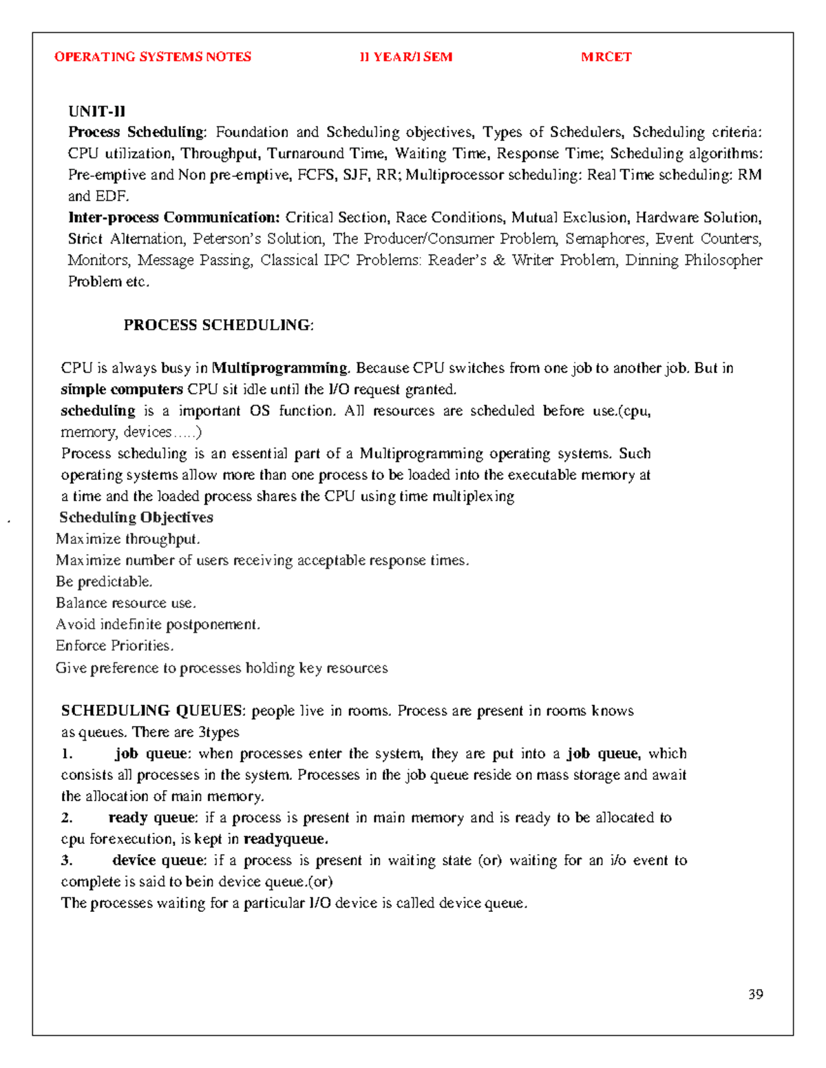 Operating Systems Notes Unit-2 - UNIT-II Process Scheduling: Foundation ...