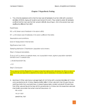 Homework Problems Chapter 3 - Homework Problems Bowen, Straightforward Statistics Chapter 3 ...