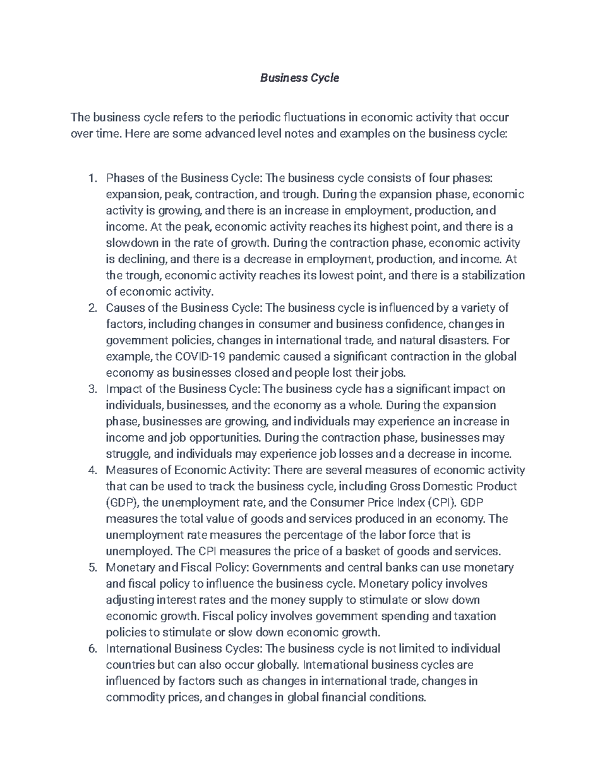 Notes on Business Cycle - Business Cycle The business cycle refers to ...