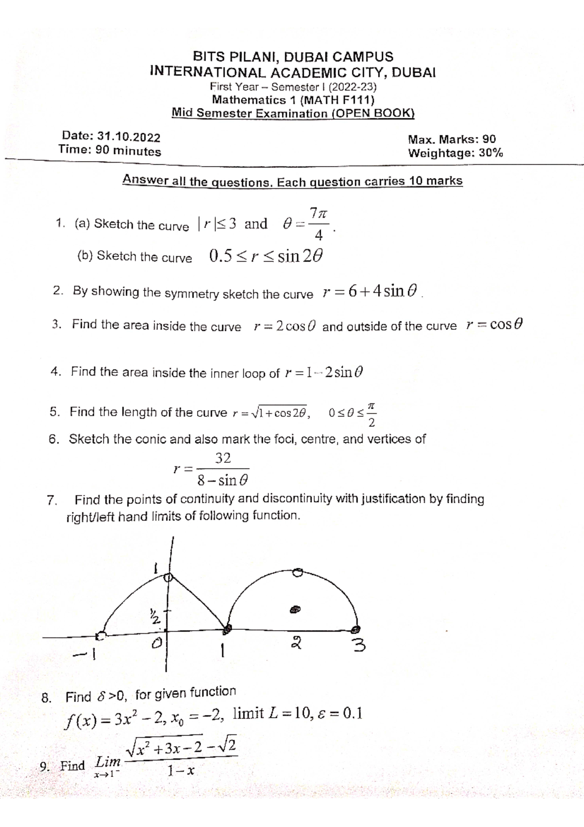 MATH F111 Mid Sem - Mid Semester Examination Question Paper for Mathematics 1 in chapters Polar ...