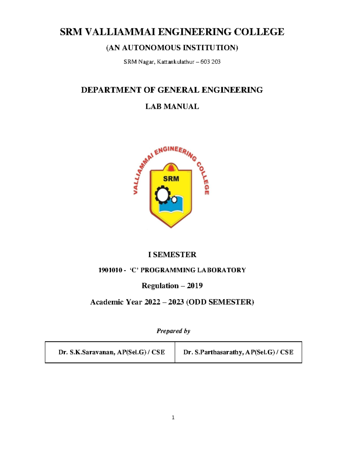 Lab Manual With Code In C Language Programming Srm Valliammai Engineering College An