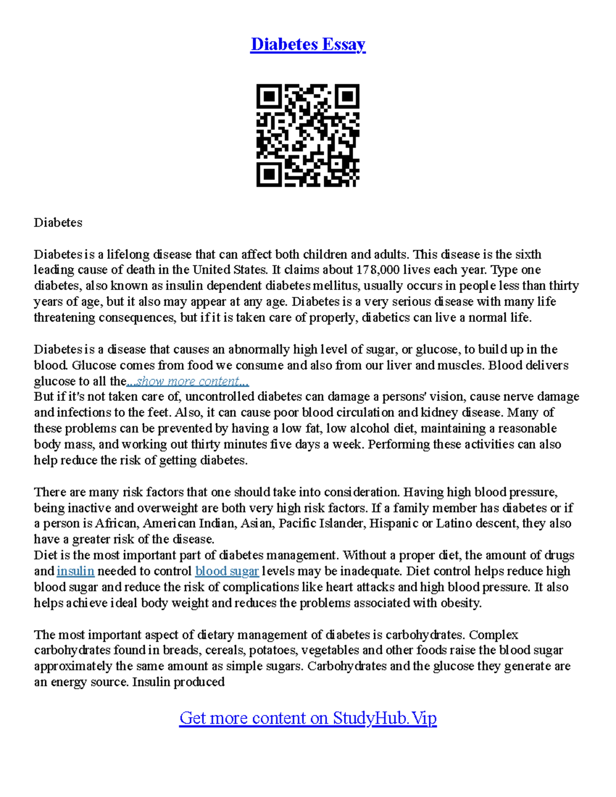 How To Write A Good Definition Essay - Diabetes Essay Diabetes Diabetes ...