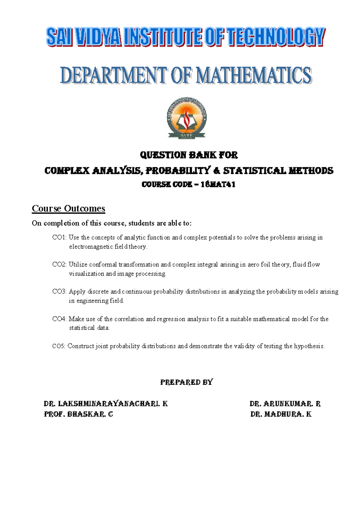18MAT41 Question Bank - Good - QUEstION BANK FOR COmplEx ANAlysIs, pROBABIlIty & stAtIstICAl ...