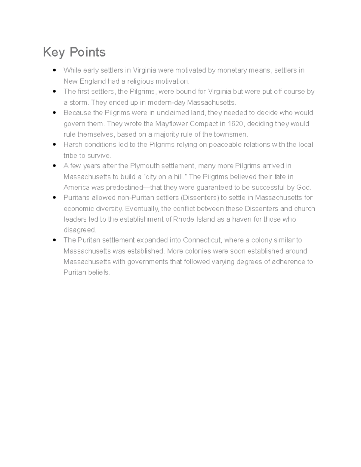 Key Point 2 - sums up the early settlers in the colonies - Key Points ...