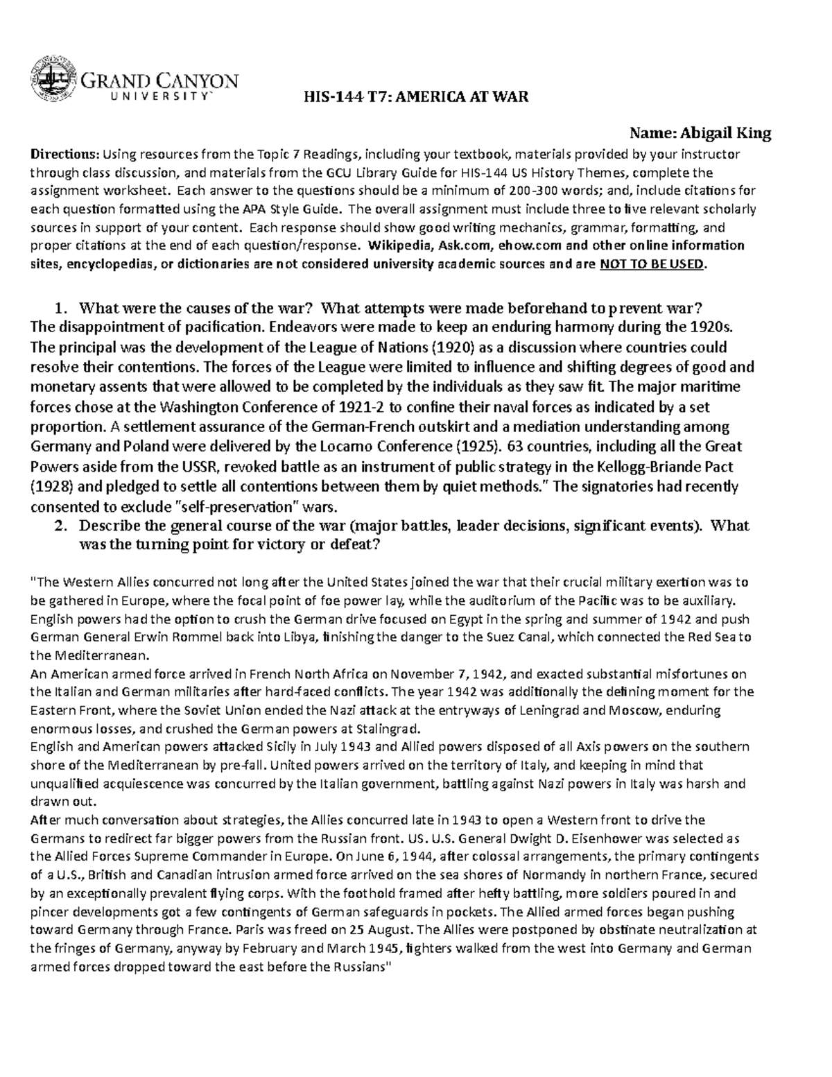 America at war - HIS-144 T7: AMERICA AT WAR Name: Abigail King ...