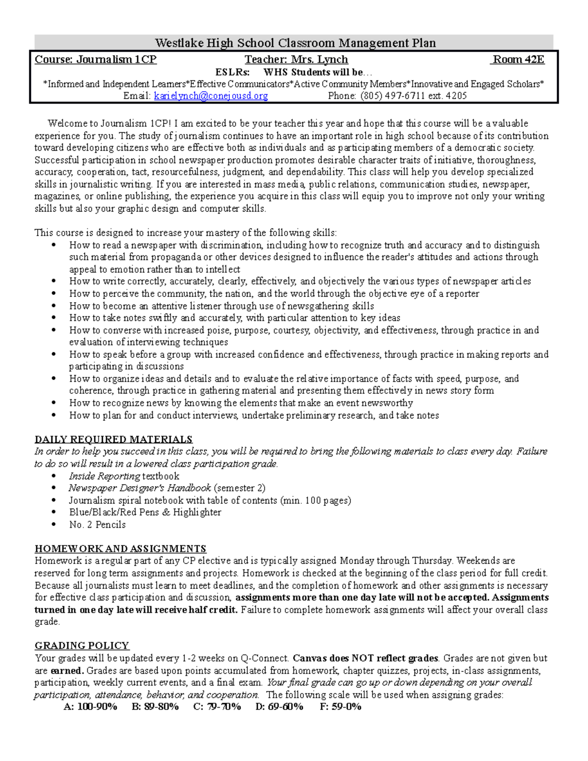 1CP Journalism syllabus 2021-3 - Westlake High School Classroom ...