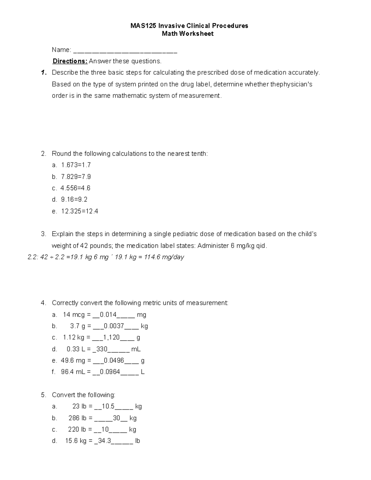 MAS125 Week 4 Math Worksheet - MAS125 Invasive Clinical Procedures Math ...