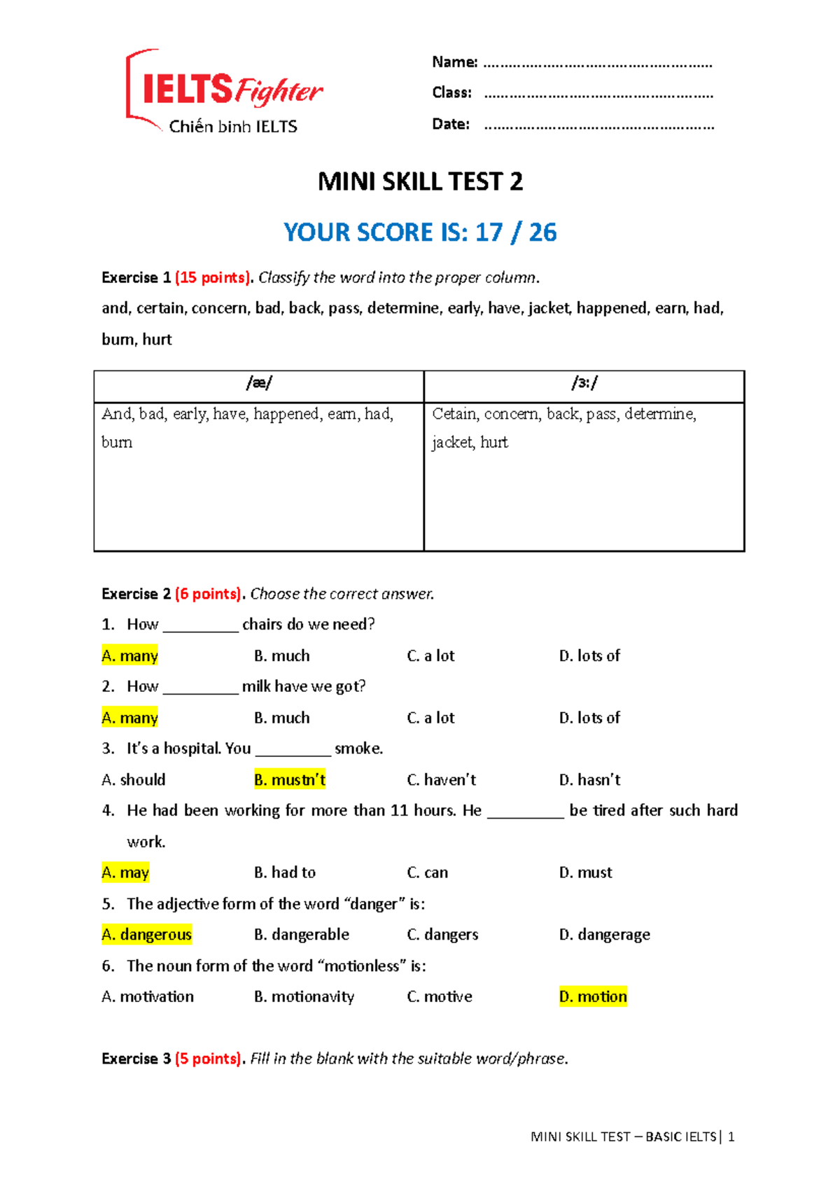 MINI Skill TEST 2 DAY 6 - bài tập tiếng anh - Name: - Studocu