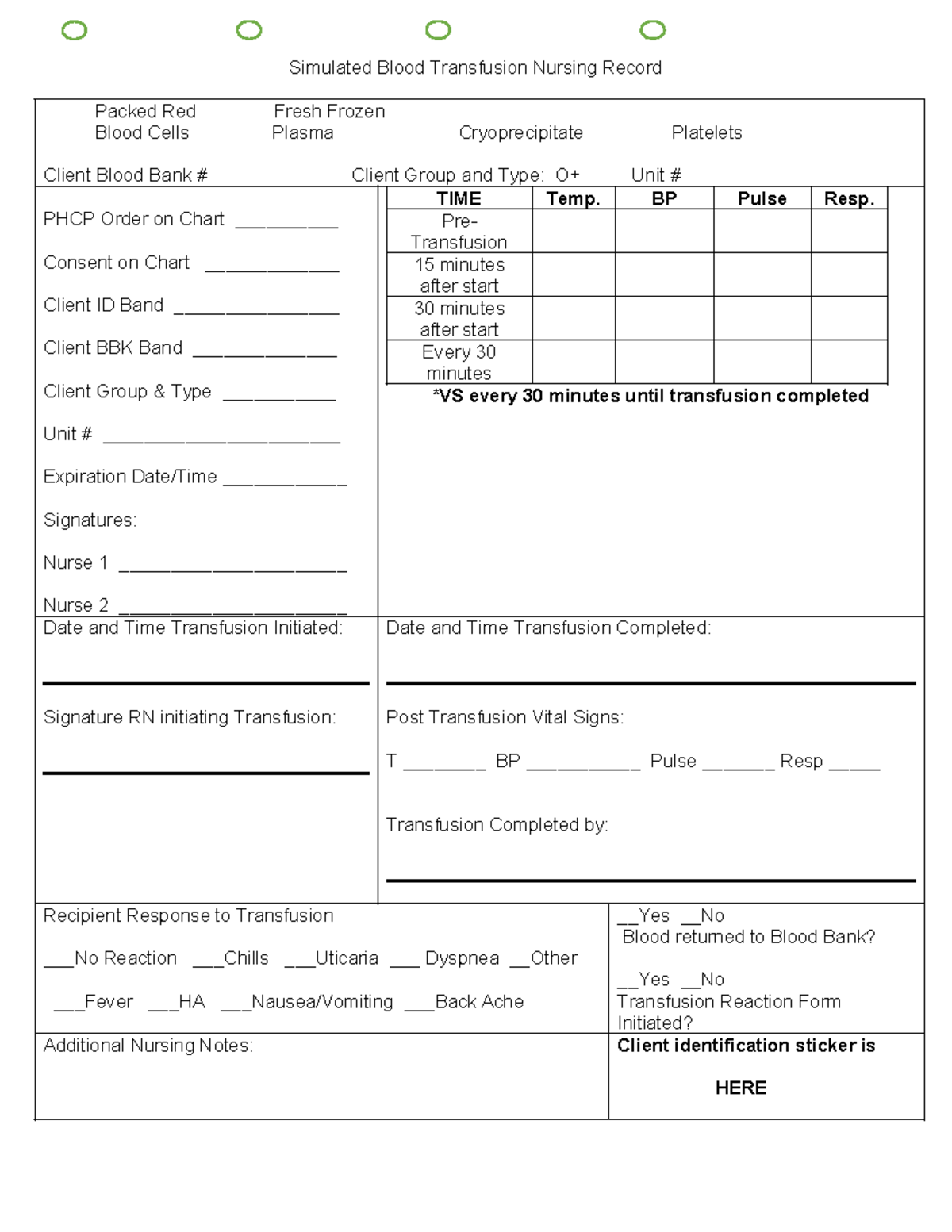 Blood Transfusion Nursing Record - BP Pulse Resp. Pre- Transfusion 15 ...