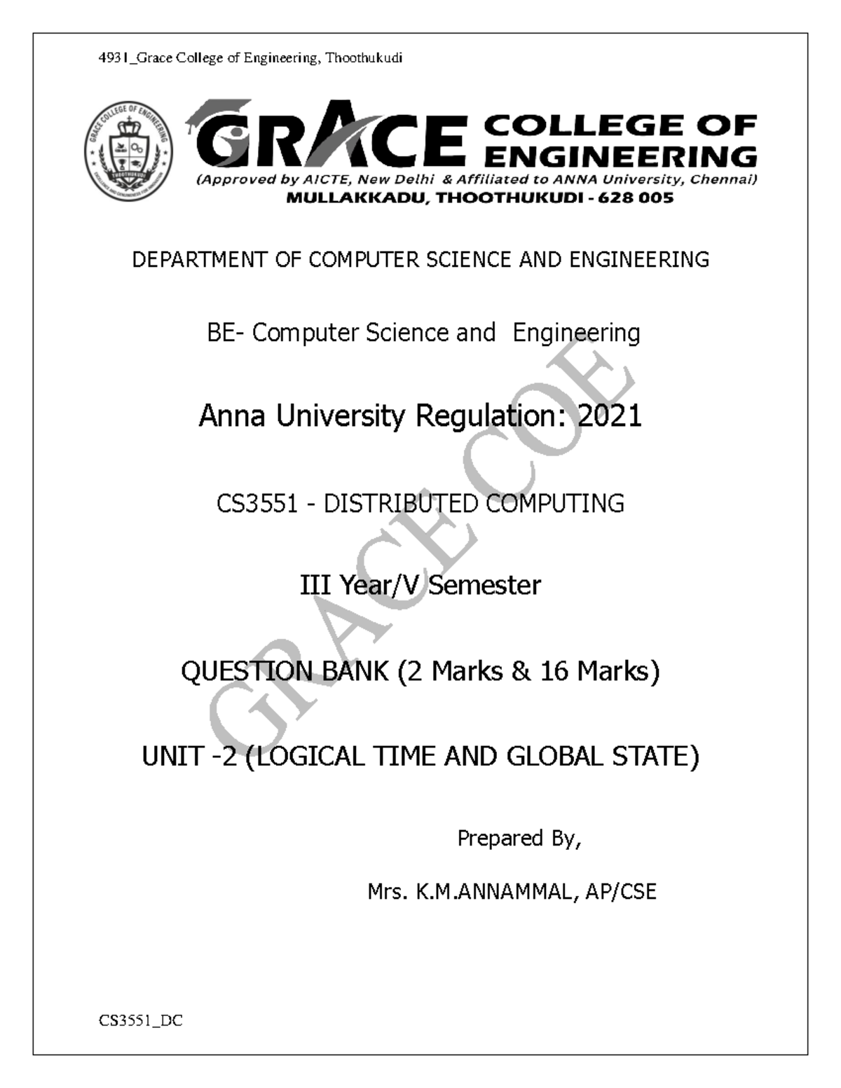 V Cse Cs3551 Dc Qb Unit 2 Department Of Computer Science And Engineering Be Computer Science