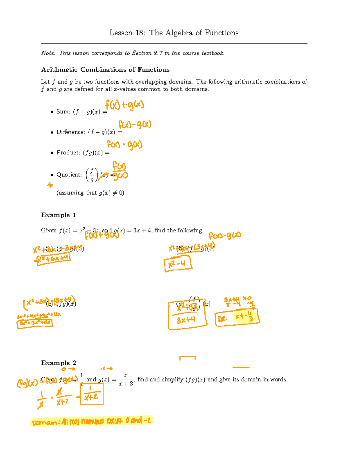 M119 Note-Taking Guide Lesson 18 (JRS) - Lesson 18: The Algebra of ...
