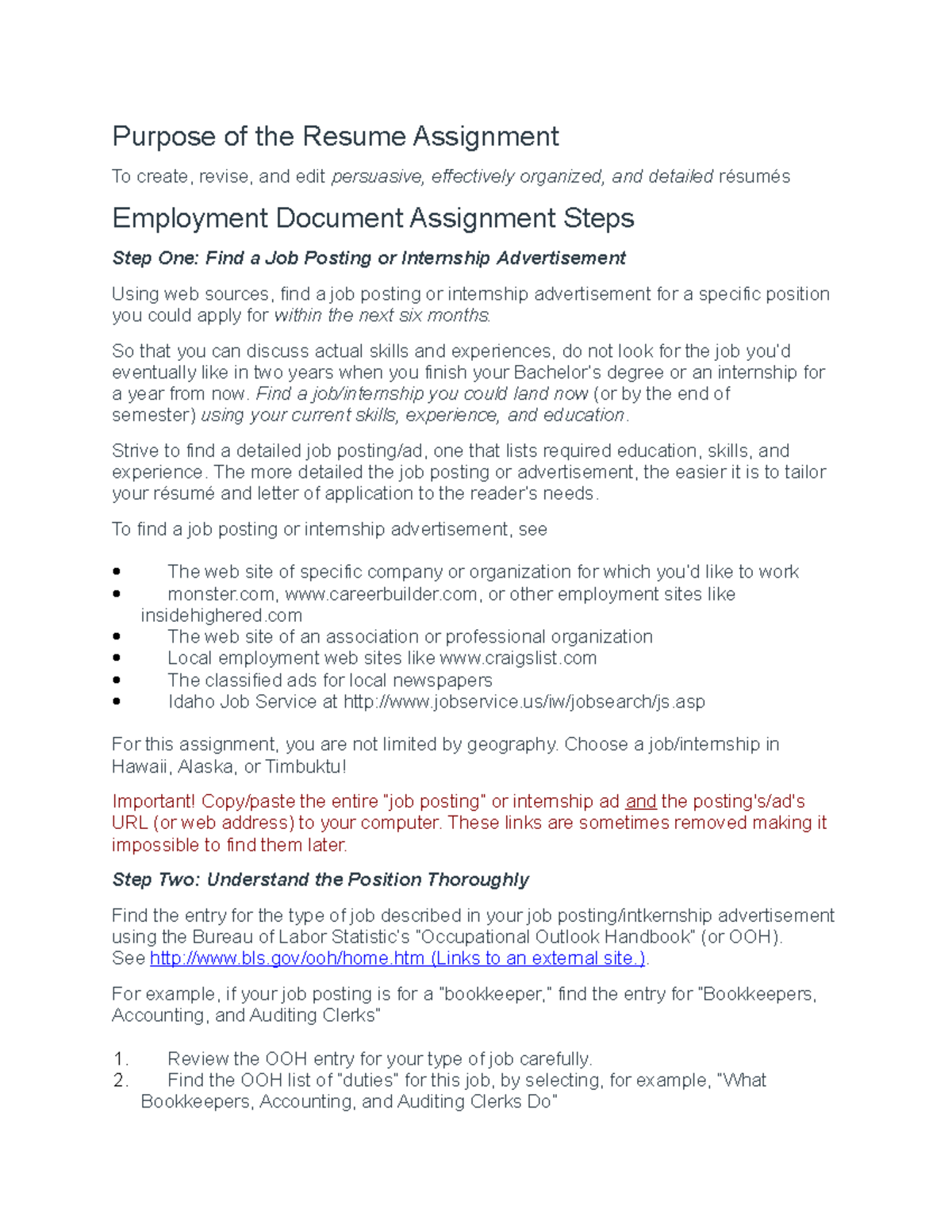 Resume Assignment-1 - Purpose of the Resume Assignment To create ...