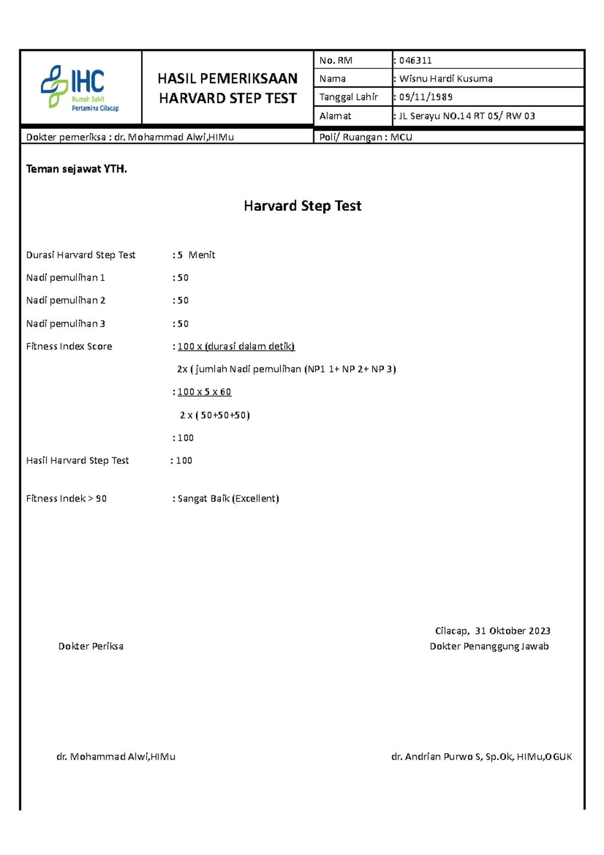 Harvard STEP TEST - HASIL PEMERIKSAAN HARVARD STEP TEST No. RM : 046311 ...