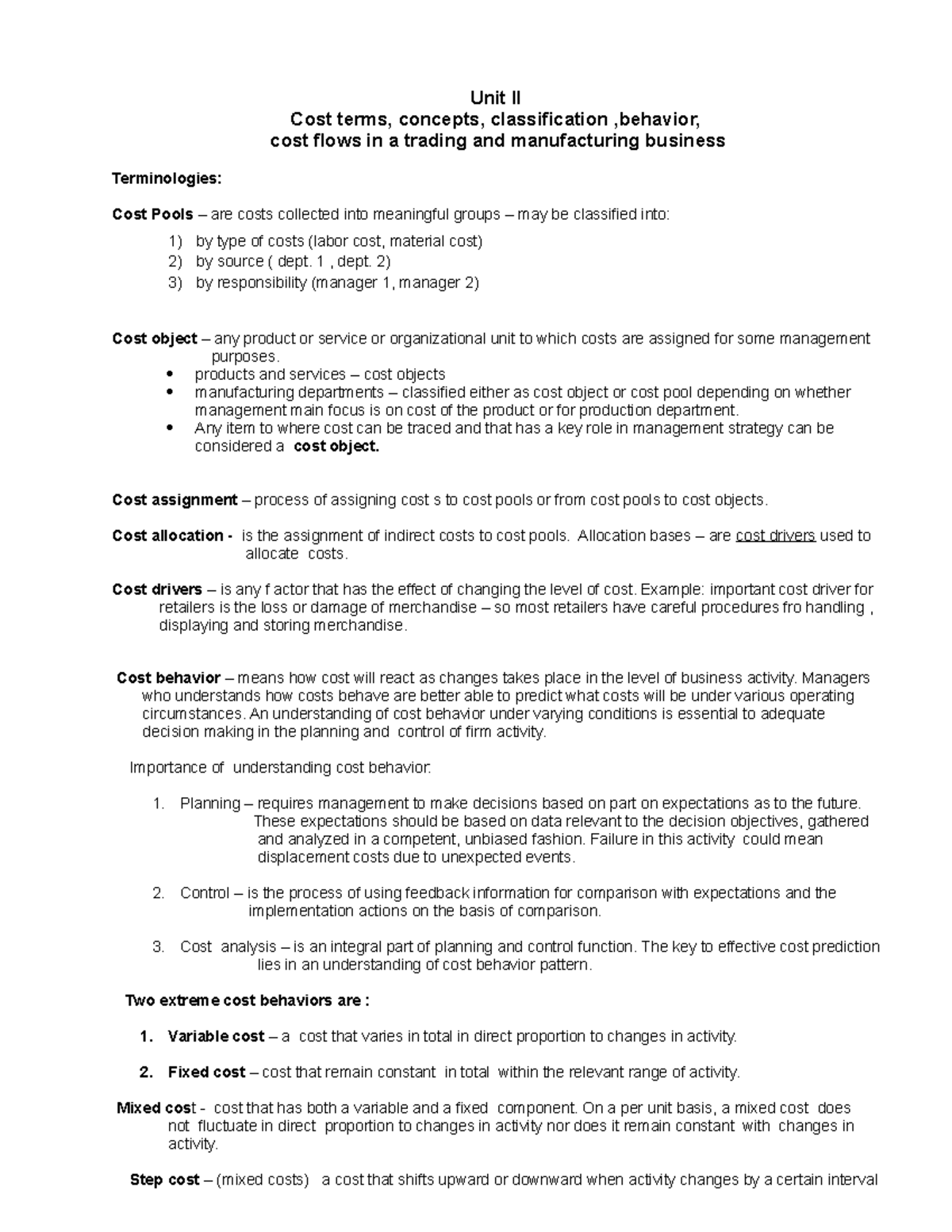 II cost terms concepts classification behavior - Unit II Cost terms, concepts, classification ...