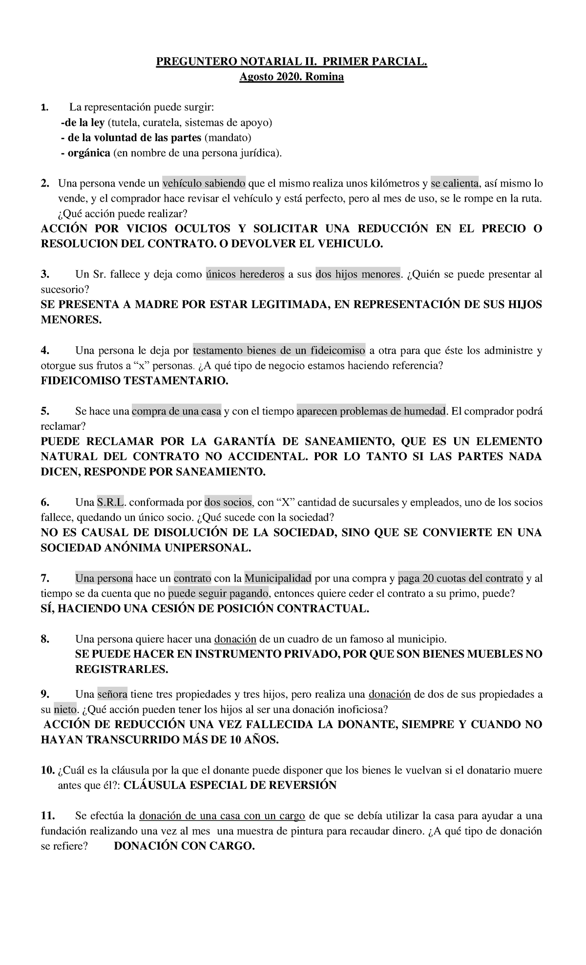 Preguntero Notarial II 1 Parcial Romi - PREGUNTERO NOTARIAL II. PRIMER PARCIAL. Agosto 2020 ...
