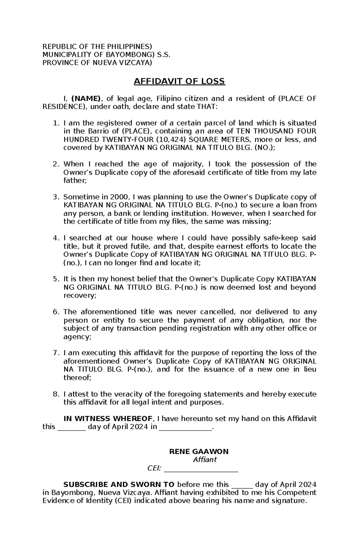 Affidavit OF LOSS- Sample - REPUBLIC OF THE PHILIPPINES) MUNICIPALITY ...