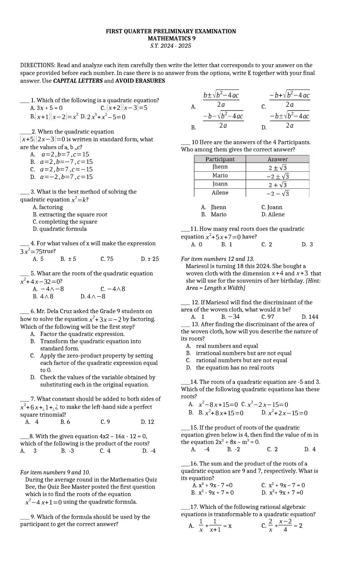 Final MATH9 1ST- Prelim - FIRST QUARTER PRELIMINARY EXAMINATION ...