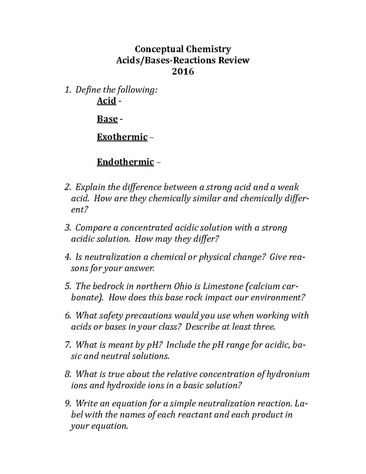 Acids-Bases Review 2016 - Conceptual Chemistry Acids/Bases-Reactions ...