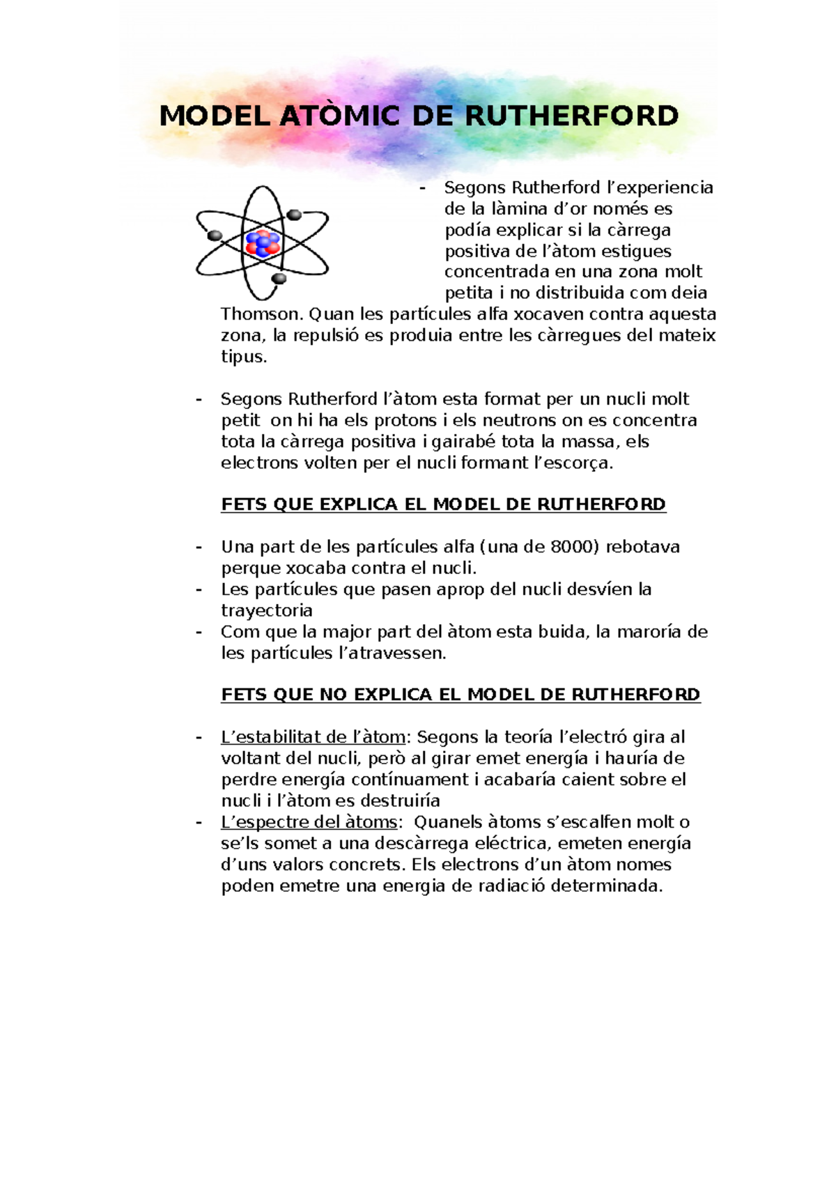 Model Rutherford - Resum - MODEL ATÒMIC DE RUTHERFORD - Segons ...