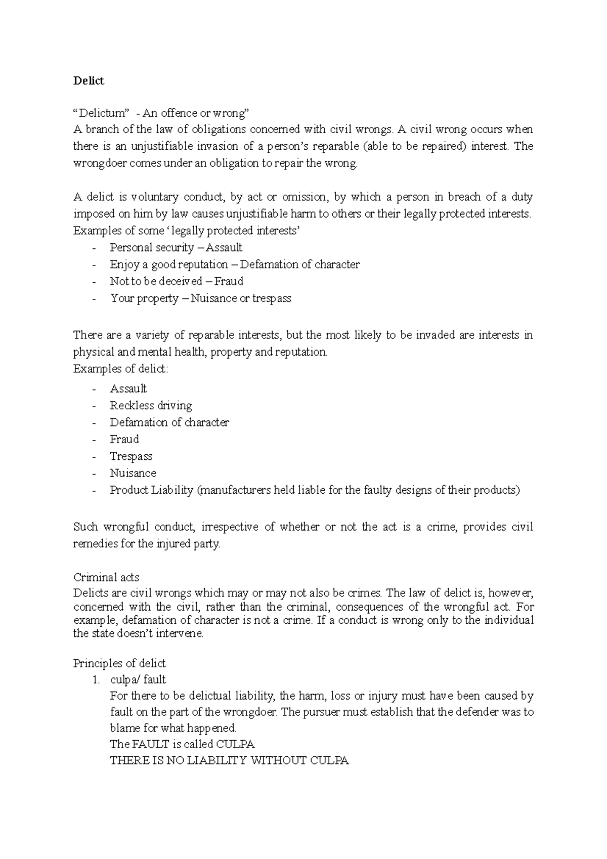 Delict - Delict “Delictum” - An offence or wrong” A branch of the law ...