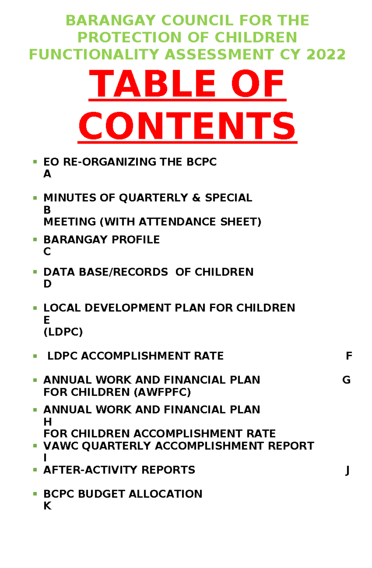 Table OF Contents BCPC - BARANGAY COUNCIL FOR THE PROTECTION OF ...