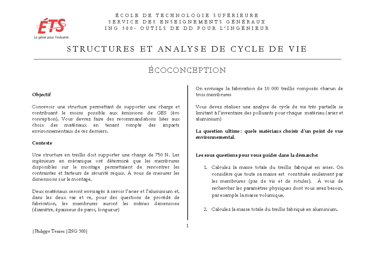 ING 500 Structures treillis et ACV Ecoinvent V3 - ING500 - ÉTS - Studocu