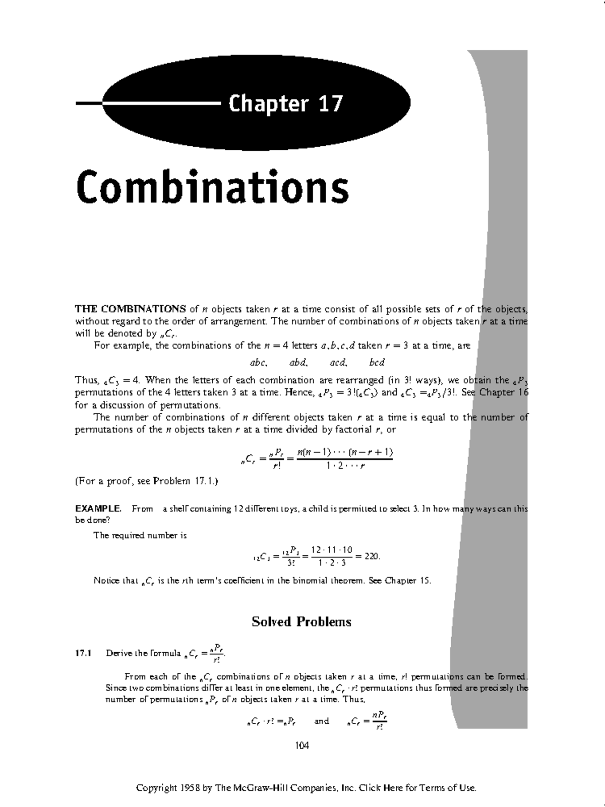 數學作業-17 - 數學作業 - 104 Chapter 17 Combinations THE COMBINATIONS of n objects taken r at a time ...