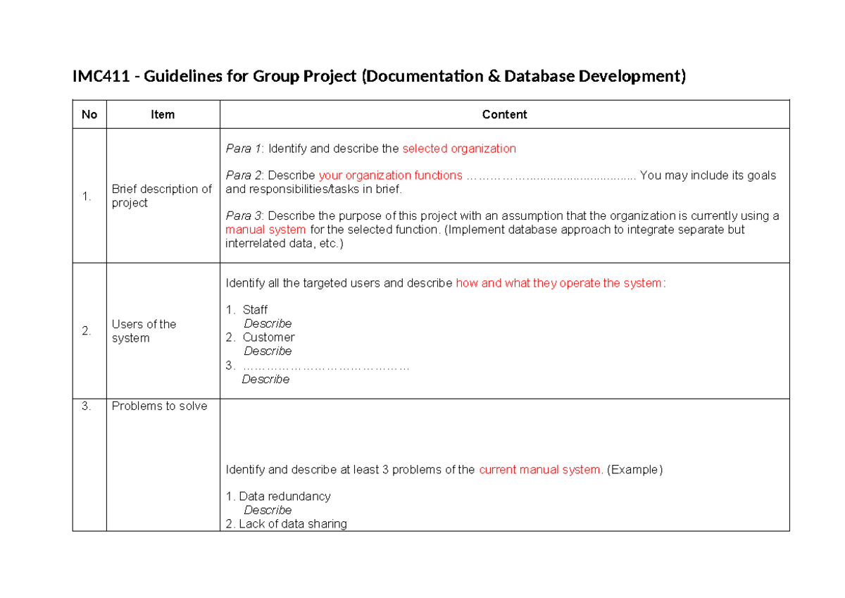 Guidelines for Group Project - Brief description of project Para 1: Identify and describe the ...