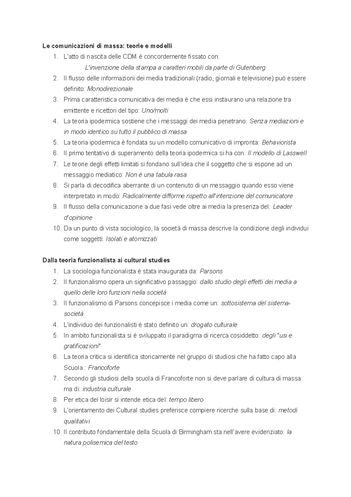 Domande per ripetere pre-esame - Le comunicazioni di massa: teorie e ...