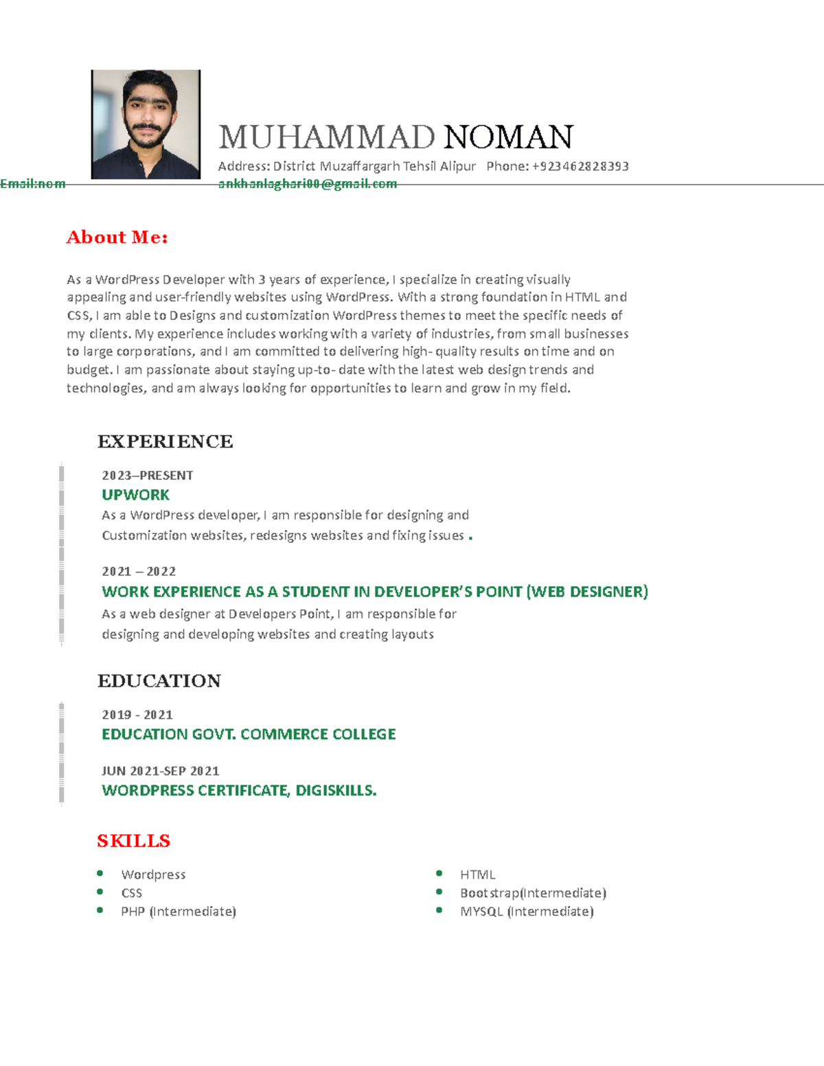 Muhammad Noman CV - this - MUHAMMAD NOMAN Address: District Muzaffargarh Tehsil Alipur Phone ...