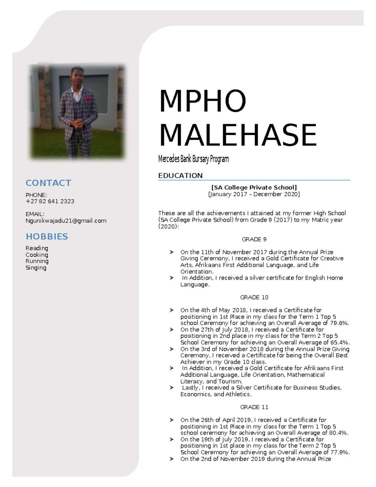 Mpho Malehase Curriculum Vitae (Auto Recovered) - MPHO MALEHASE Mercedes Bank Bursary Program ...