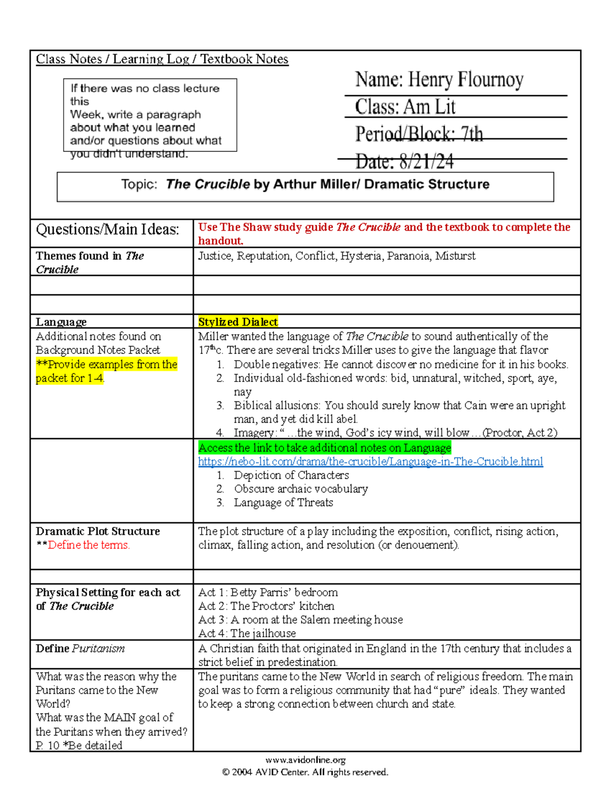 The Crucible Background Notes 2024-25 Student Copy - Class Notes ...