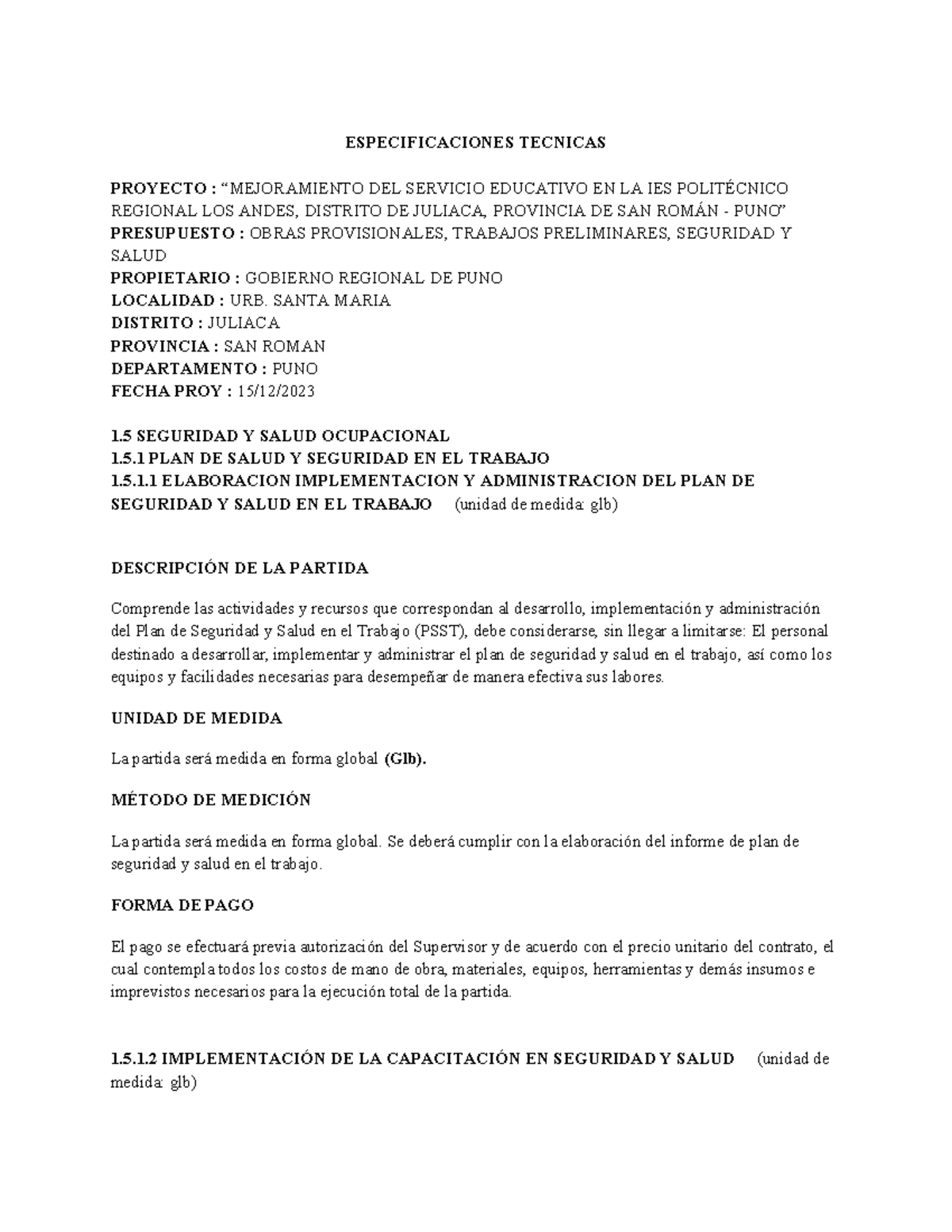 EETT SST - eett - ESPECIFICACIONES TECNICAS PROYECTO : “MEJORAMIENTO DEL SERVICIO EDUCATIVO EN ...