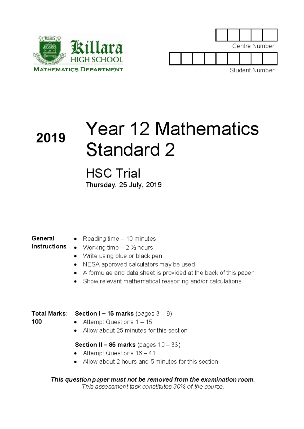 2019 Yr12Std Trial Blank - Centre Number Student Number 2019 Year 12 ...