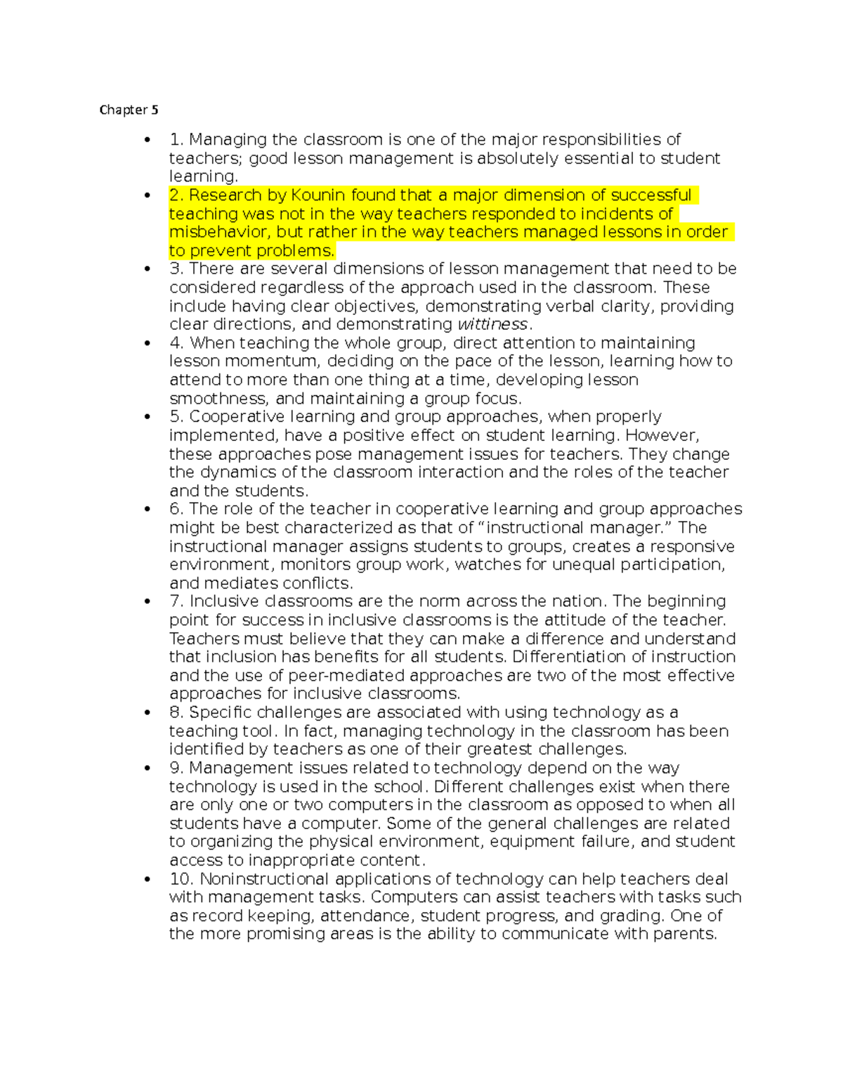 Notes - Chapter 5 1. Managing the classroom is one of the major ...