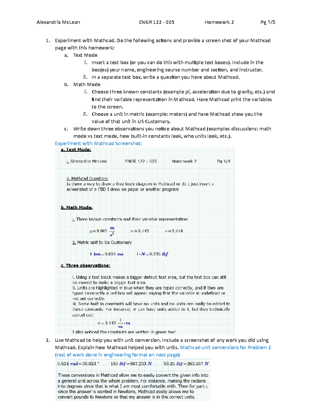122 Homework 2 Unfinished - Alexandria McLean ENGR 122 - 005 Homework 2 ...