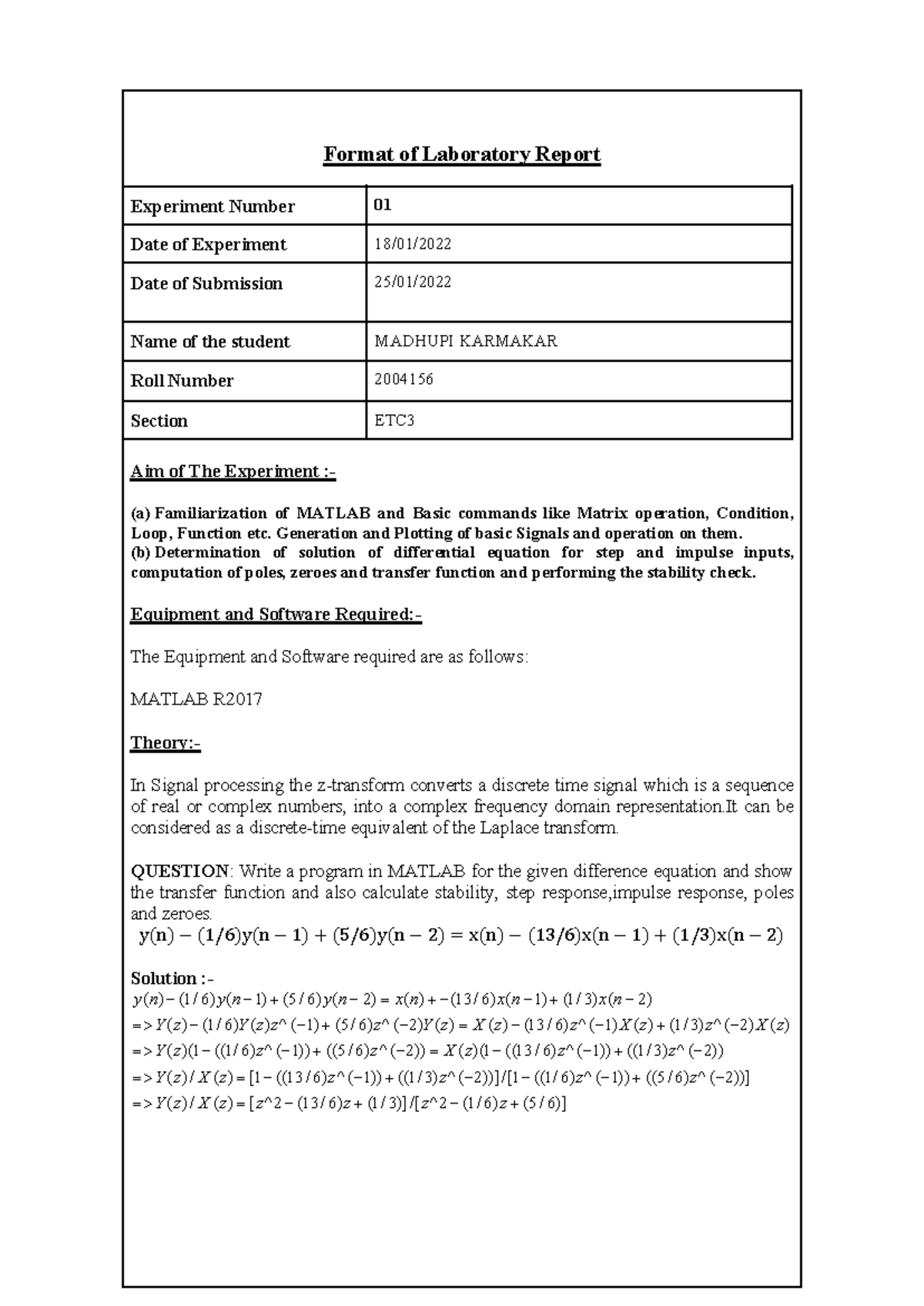 Expt 1 2004 156 - DSP LAB MATERIAL FOR EXPERIMENT 1 - Format of Laboratory Report Experiment ...