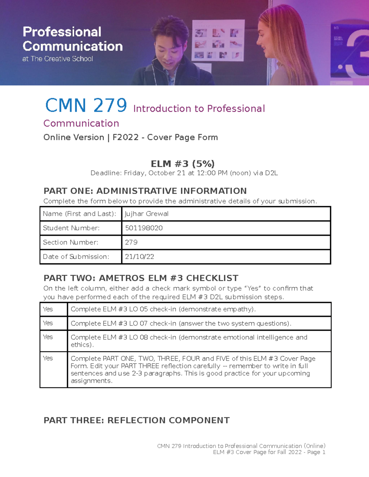 ELM #3 Cover Page Form F2022 - CMN 279 Introduction to Professional Communication Online Version ...