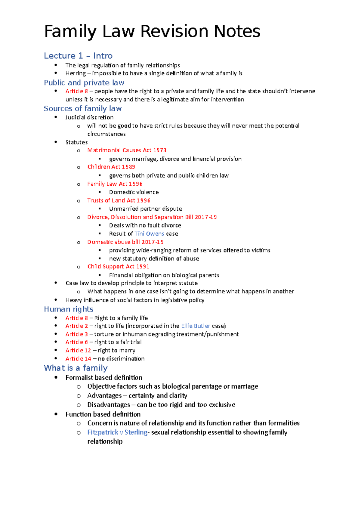Family Law Revision Notes - Family Law Revision Notes Lecture 1 – Intro ...