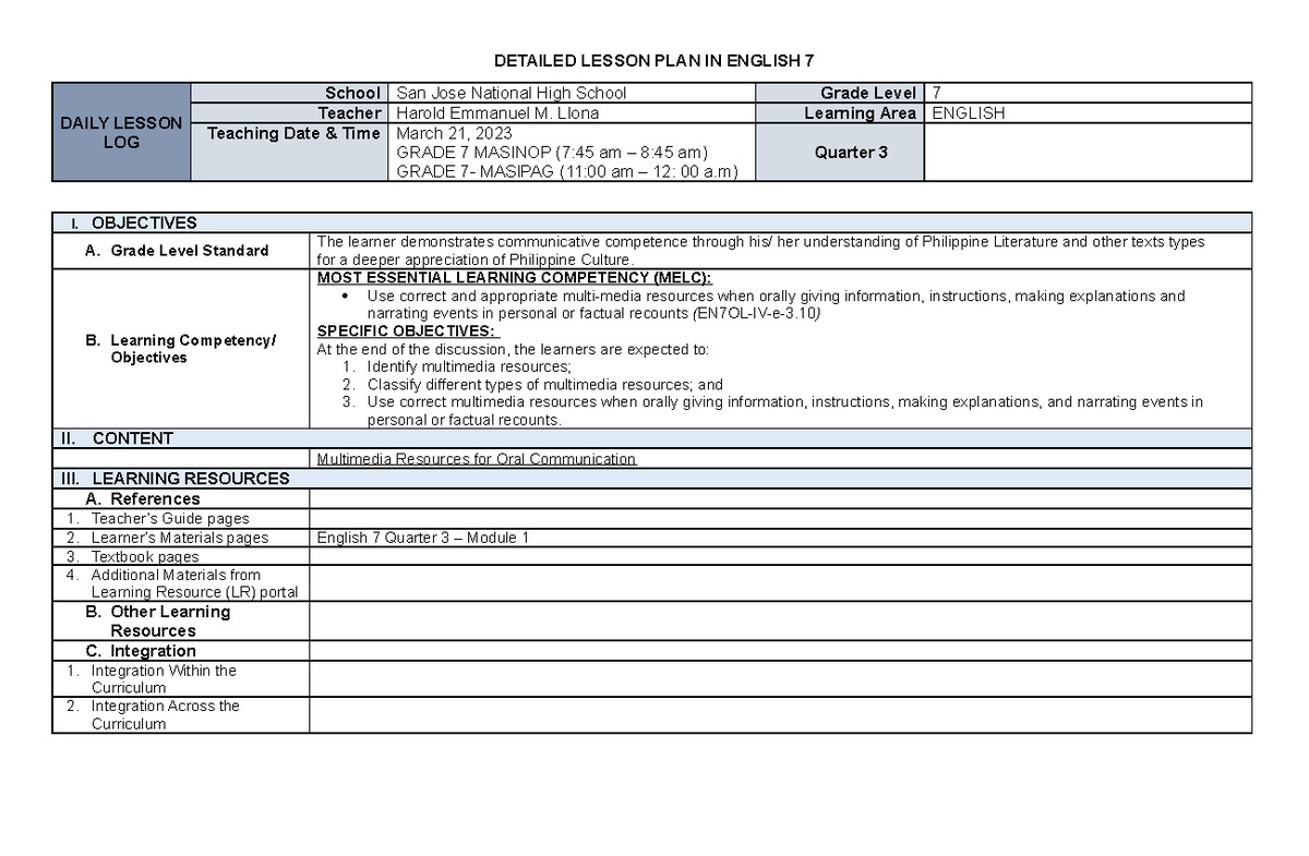 Daily Lesson PLAN- March 21, 2023 - DETAILED LESSON PLAN IN ENGLISH 7 ...