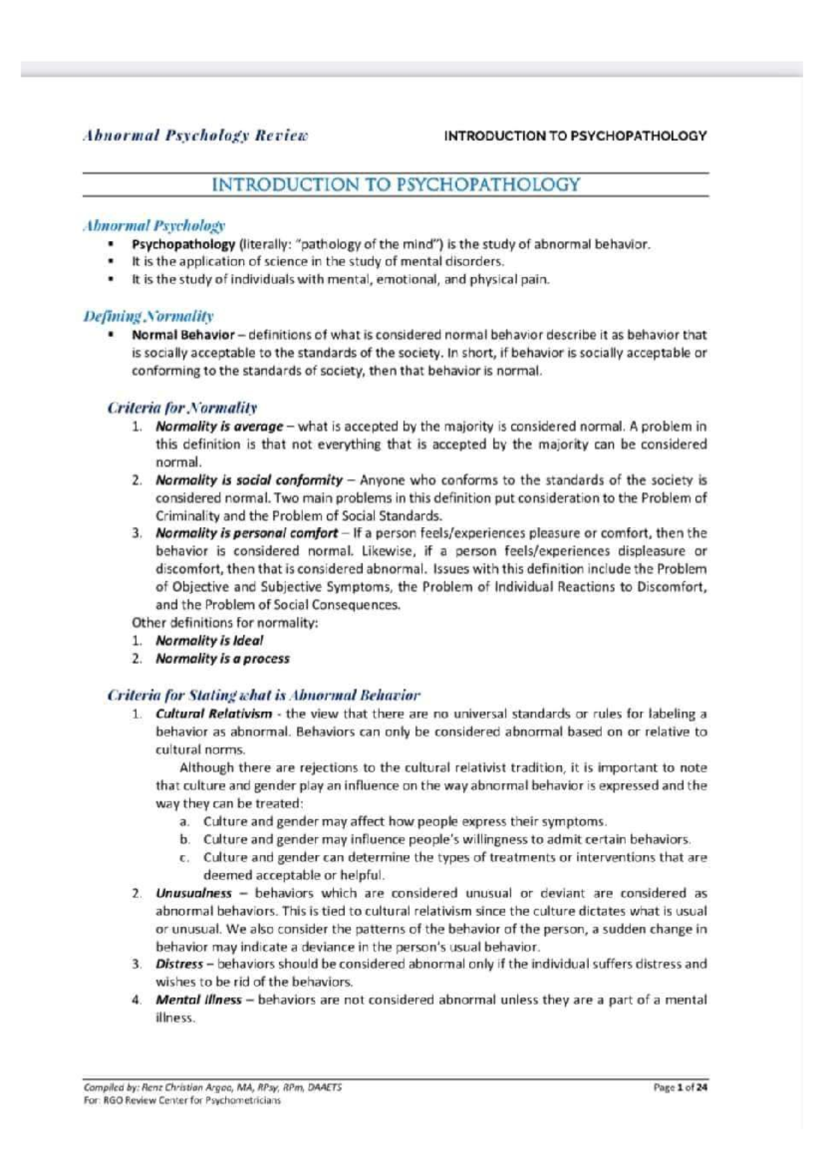 Ab Psych - Abnormal Psychology Review INTRODUCTION TO PSYCHOPATHOLOGY ...