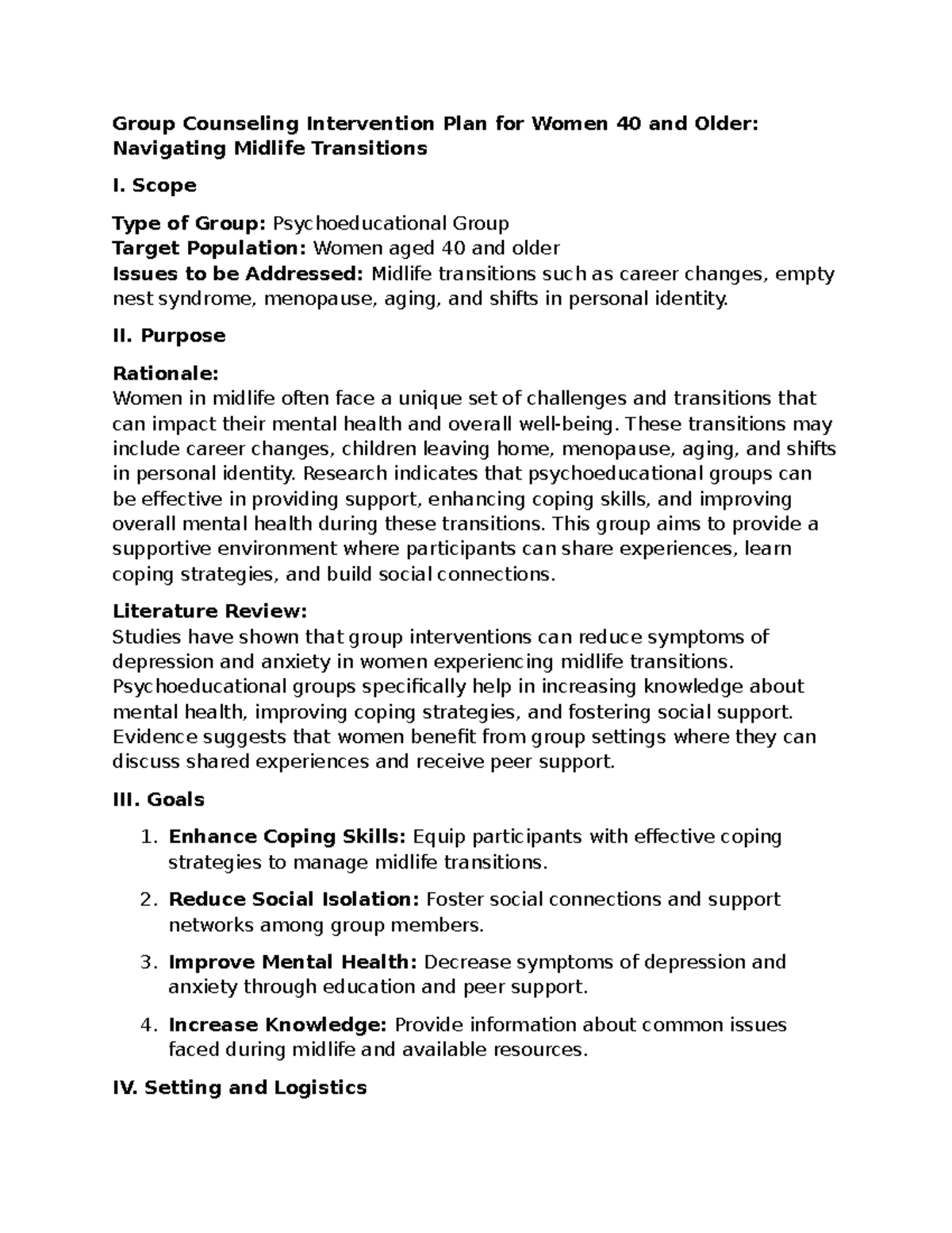 Group Counseling Intervention Plan for Women 40 and Older - Scope Type ...