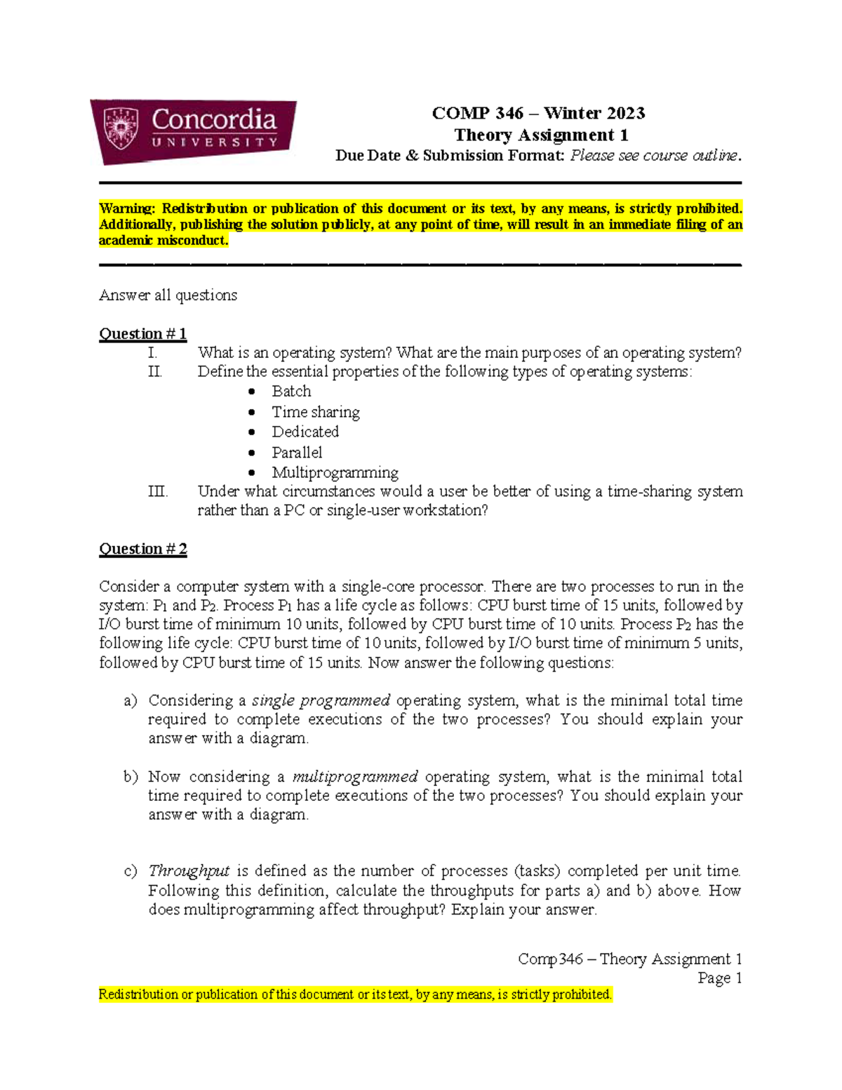 Comp346-TA-1 - TA1 - Comp346 – Theory Assignment 1 Page 1 Redistribution or publication of this ...